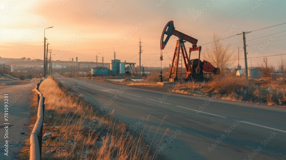 Old crude oil pumpjack rig on desert silhouette in evening sunset ...