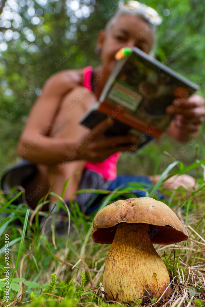Female mushroom forager foraging for wild edible mushrooms with ...