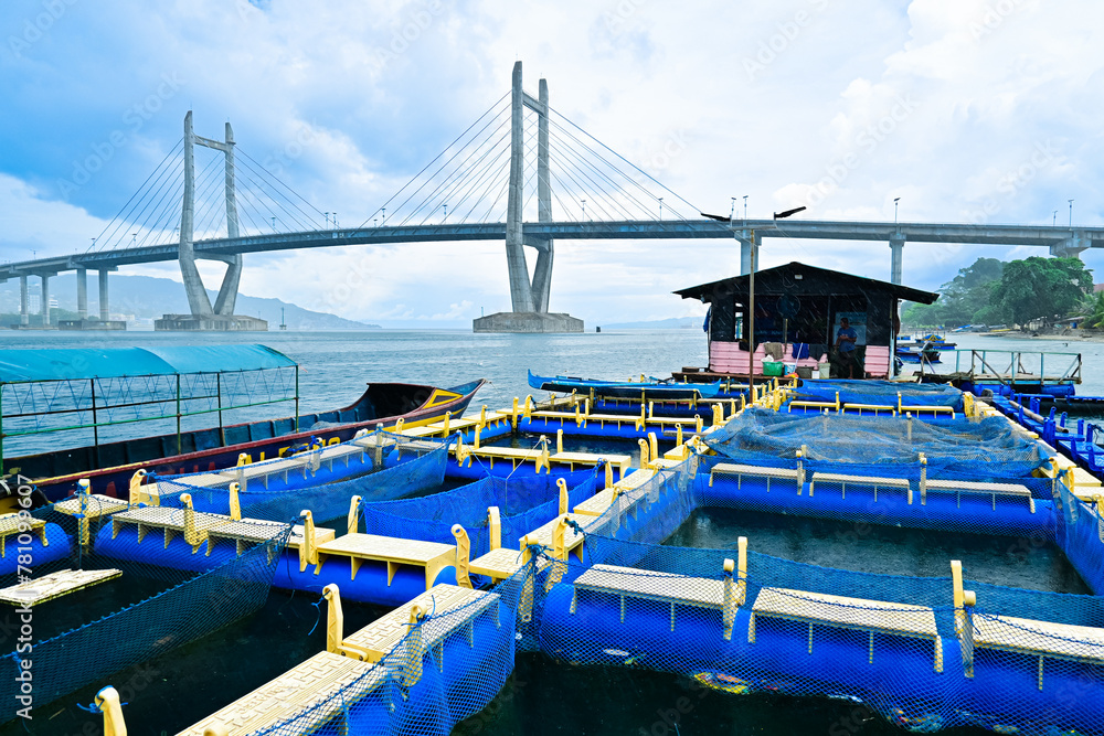 Floating net cages for marine fish farming, in Ambon Bay, Indonesia ...