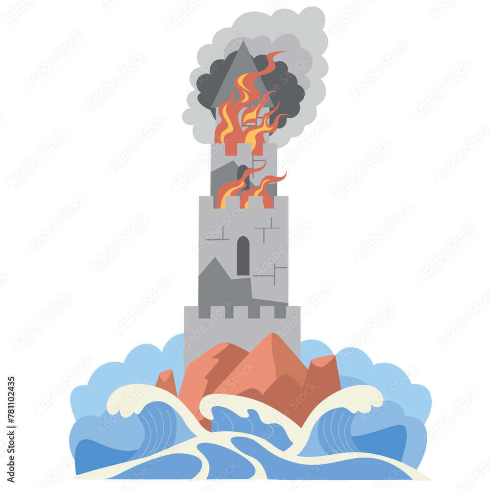 Fire on the lighthouse tower. Major Arcana tarot card design. Hand ...