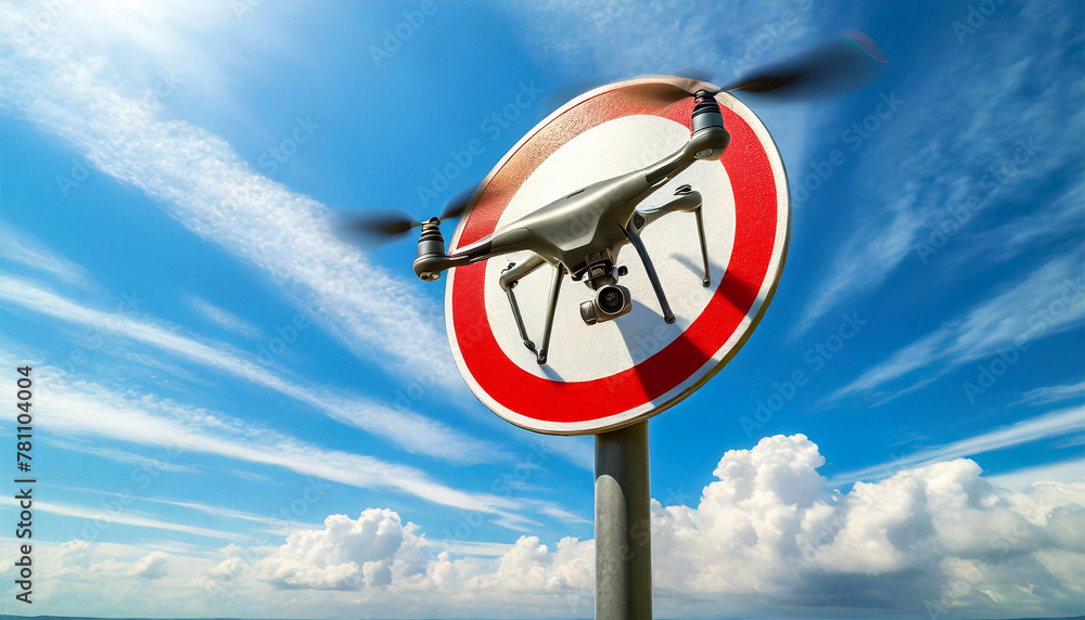 Close-up of a modern drones prohibited sign (road sign of no fly drones ...