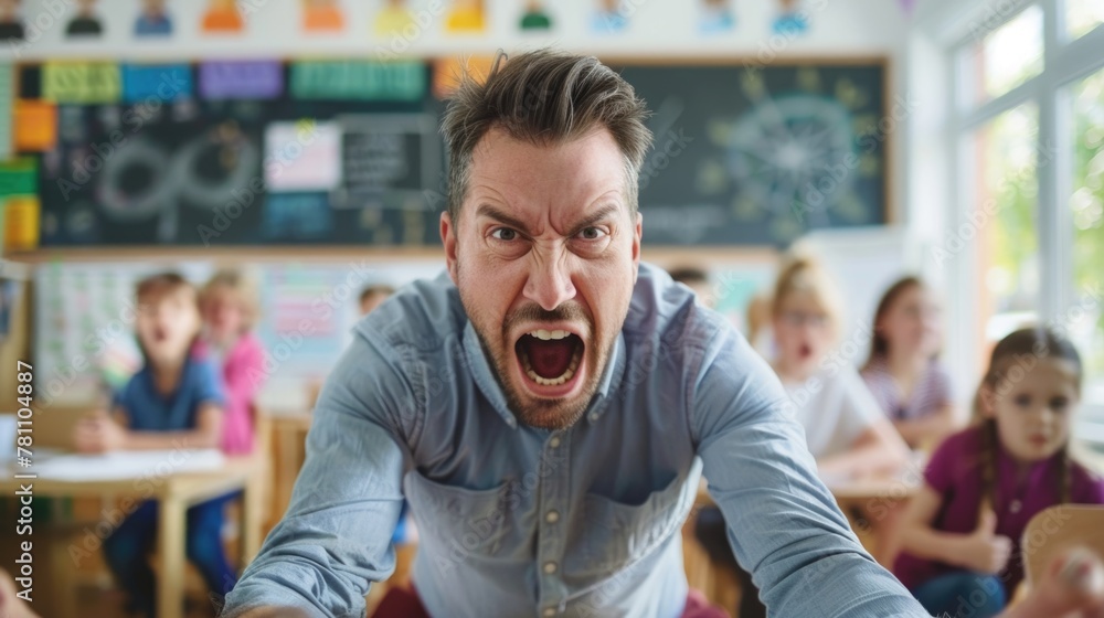 Angry teacher yelling in the classroom. National Teacher Day in the USA ...