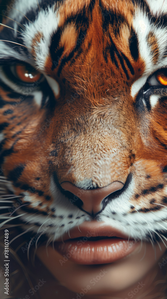 beautiful fashion woman with tiger skin on face, tiger texture, big ...