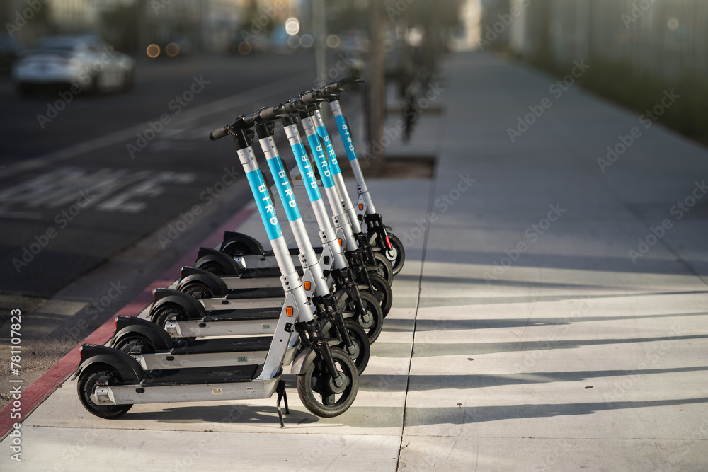 LOS ANGELES - April 7, 2024: Electric scooters sharing ready for a ride ...