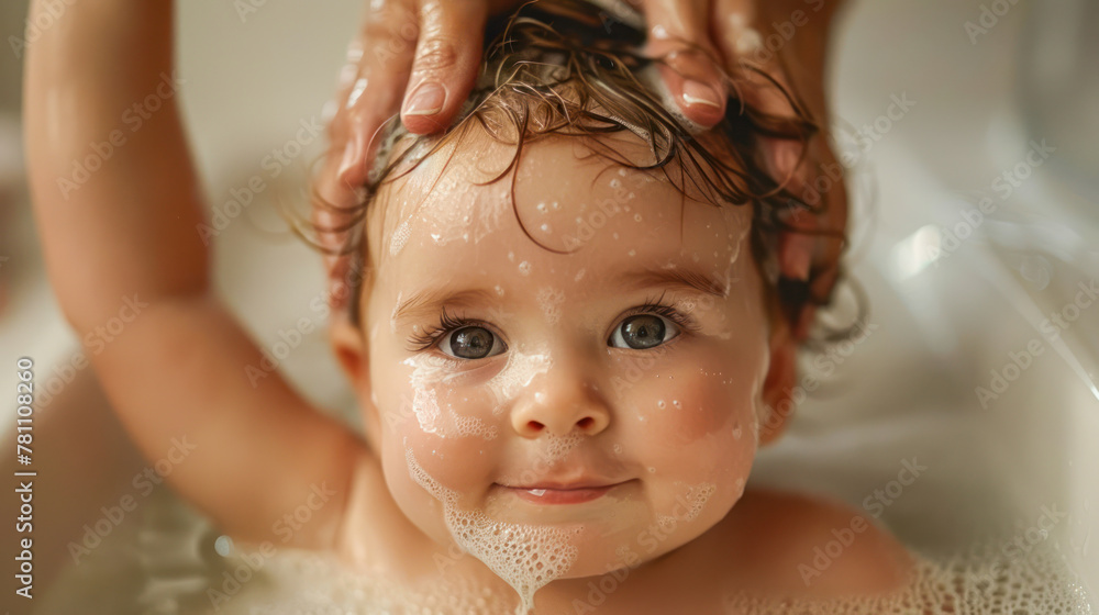 Little smiling caucasian child boy with big soap foam on head in hair ...