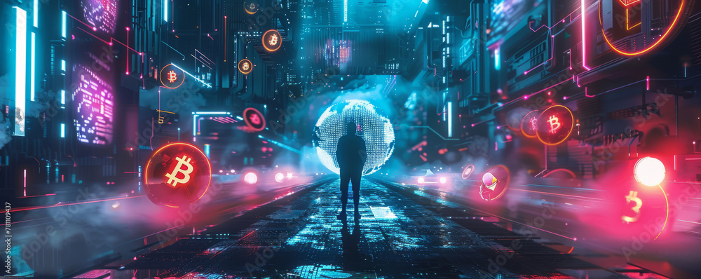 Poster Afuturistic depiction of a bitcoin halving event, with a digital ...