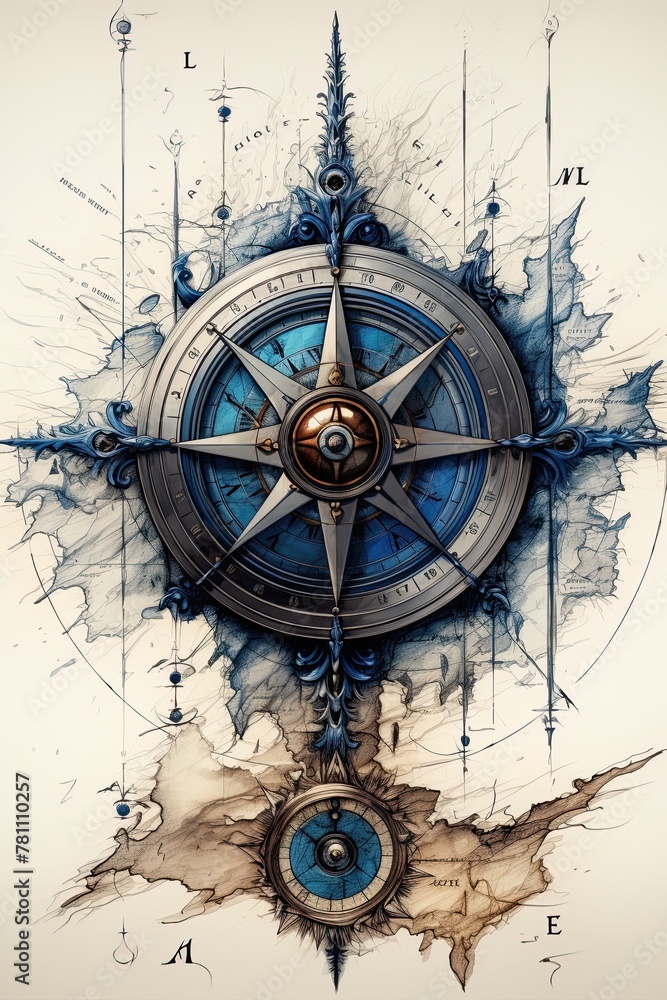 Nautcal compass blueprint, sketch , technical drawing. Exploration and ...