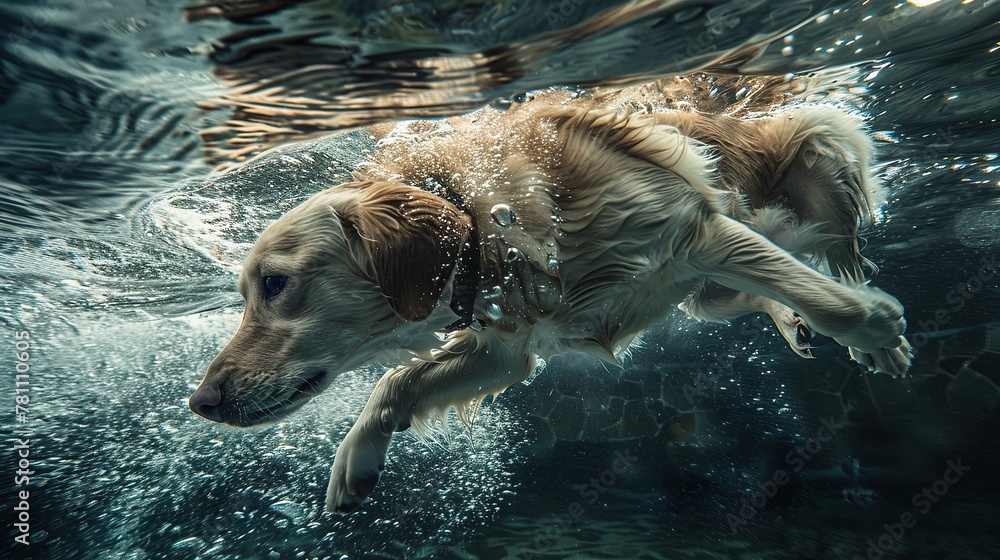 Underwater funny photo of golden labrador retriever puppy in swimming ...