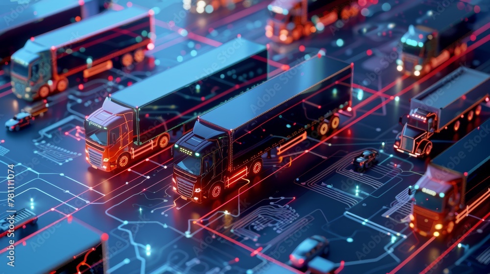 Advanced Autonomous Truck Fleet on Smart Highway at Twilight Stock ...