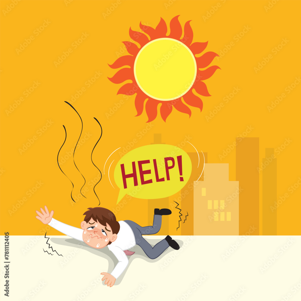 Hand drawn a employee man who falls over in heat stroke. Angry sun ...