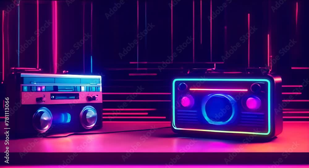 A radio and a boombox are positioned on a stage, showcasing their retro ...