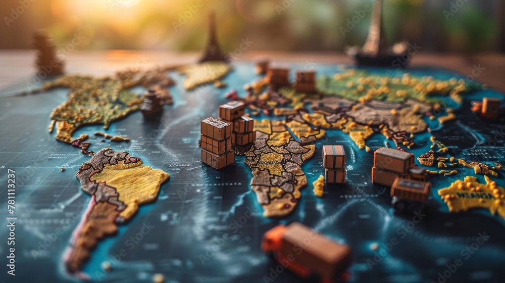 Cardboard boxes on a world map illustrating global trade and logistics ...