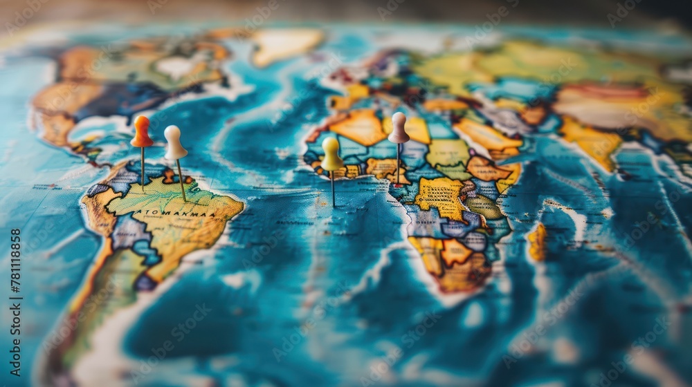An overhead shot of a map with multiple pins marking various locations ...