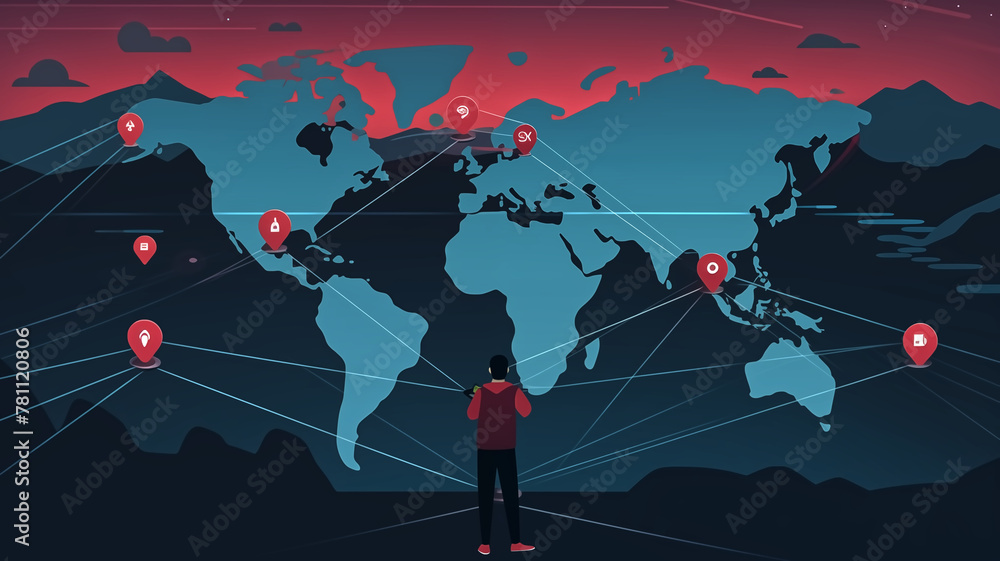 Person facing a stylized world map with interconnected location pins and lines. Digital ...