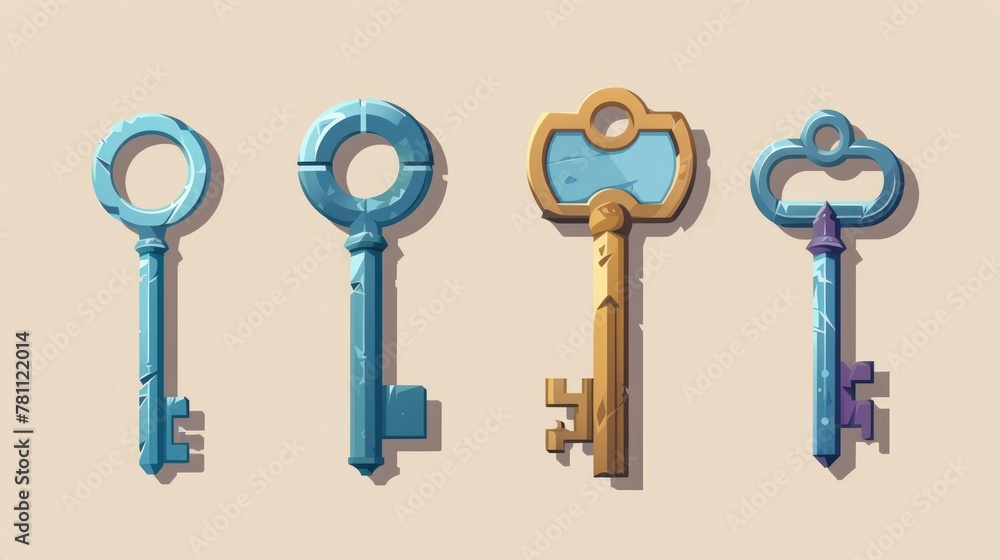 Set of vintage keys with different symbols and precious stones ...