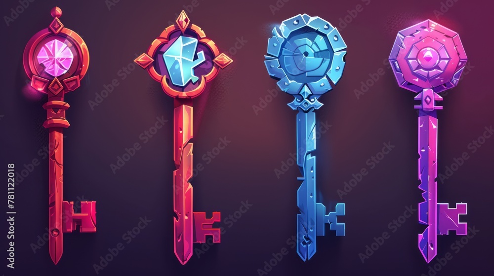 Set of vintage keys with different symbols and precious stones ...