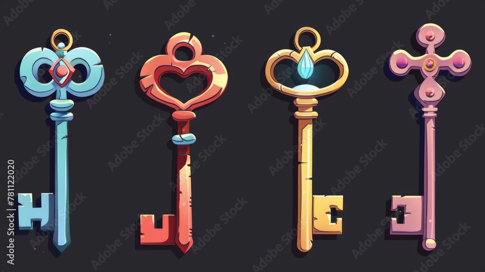 Set of vintage keys with different symbols and precious stones ...