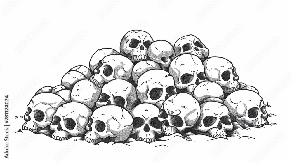 Piles of cartoon skulls and bones black and white, isolated on white ...