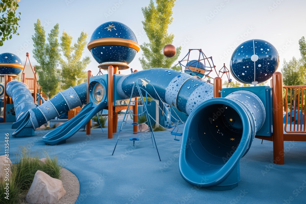 A vibrant childrens play area featuring a blue slide and a basketball ...
