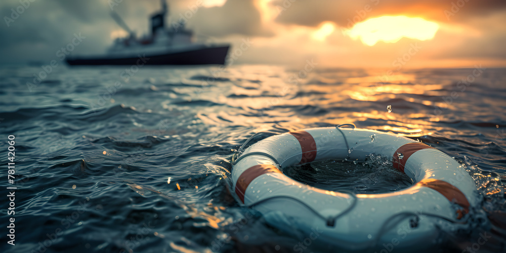 life preserver in the ocean with a large boat in the background ...