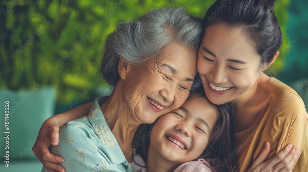 Three generations of Asian females. Portrait of grandmother, mother and ...