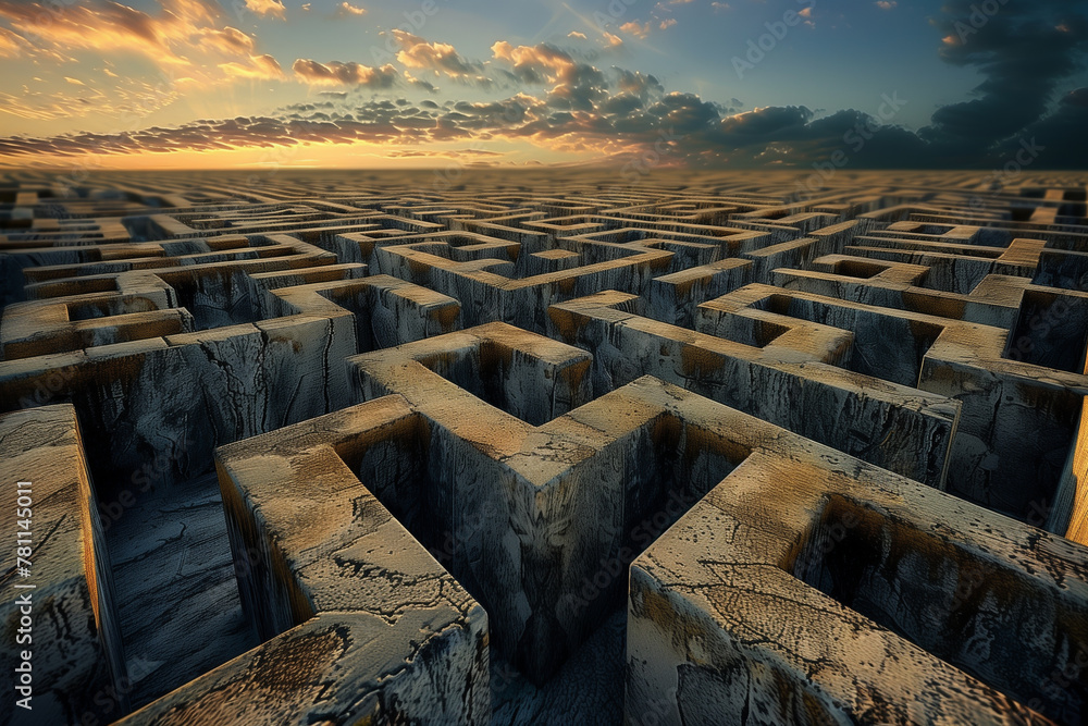 Abstract concept of a complex maze under a sunset sky, representing ...