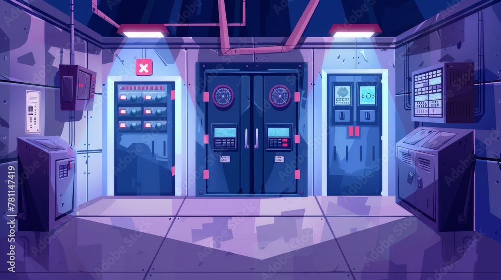 Interior of underground bunker with lockers, control panel and monitors ...