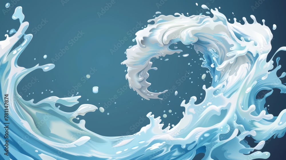 Mock-up of spiral waves of twisted flow of milk with splashes and drops ...