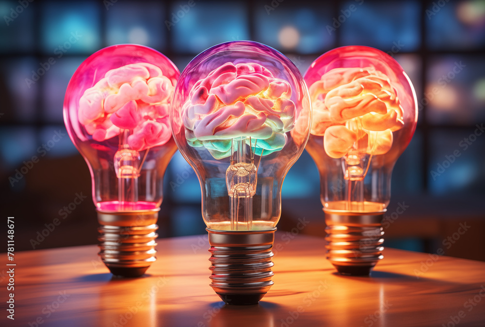 Light bulb with human brain inside. Illustration of thinking ...