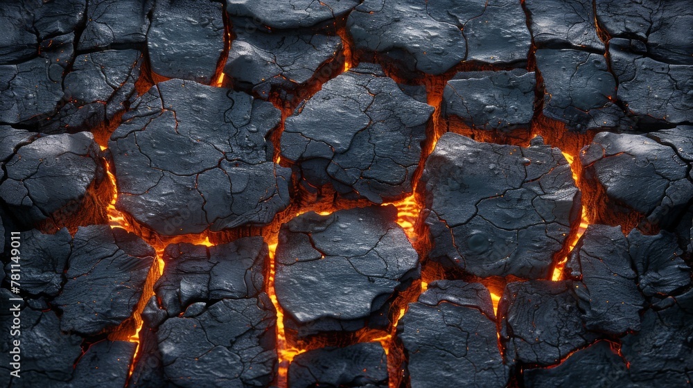 The top view of lava in cracks in the earth, volcano magma glowing in ...