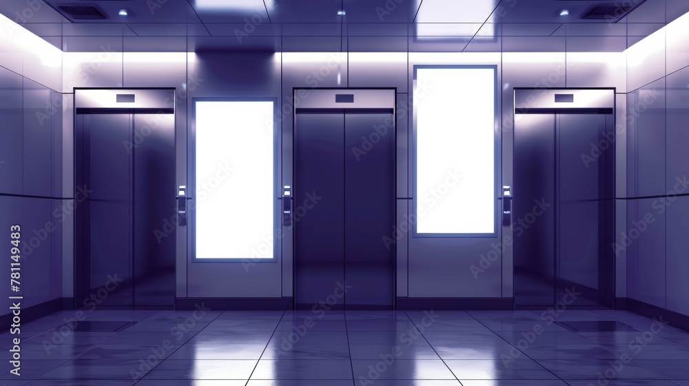 The ad posters display on the wall and the elevator doors are closed in ...