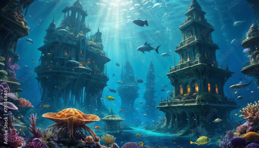 An imaginative stock image showcasing a fantastical underwater castle ...