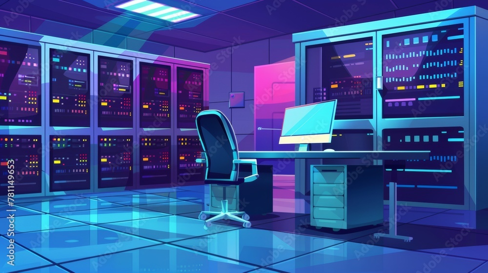 Server racks, computer monitors on desk and chair. Modern cartoon ...