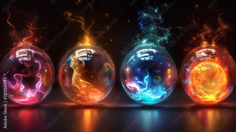 Magical spheres, energy balls with mystic glow, lightning, and sparks ...