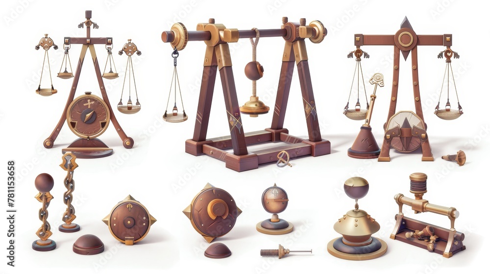 Various seesaws, metal swings, teeter-totters, balanced and unbalanced ...