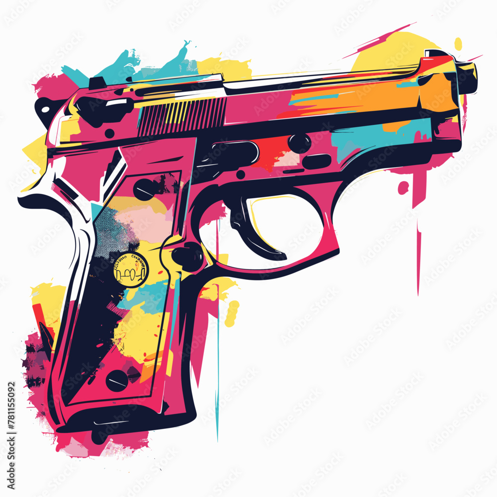 A colorful gun with a black barrel and a red trigger. The gun is ...