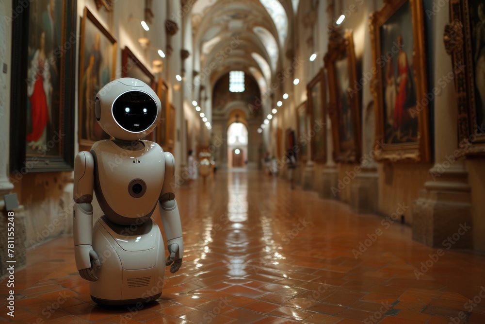 A futuristic robot guide with a sleek design stands in a grand hall ...