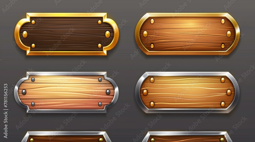 The modern cartoon set of blank rectangle buttons has golden and metal ...