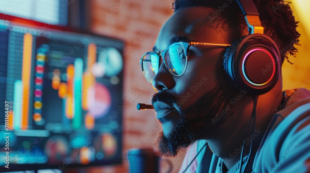 Man wearing headphones and glasses, focusing intently on multiple colorful computer monitors ...