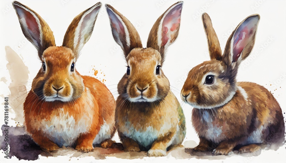 collection of three watercolour paintings of brown cute rabbits ...