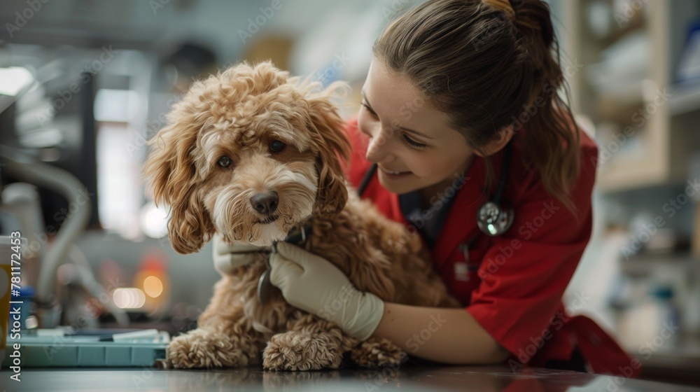 Veterinary nurse in a red uniform caring for a cockapoo dog at the vet ...