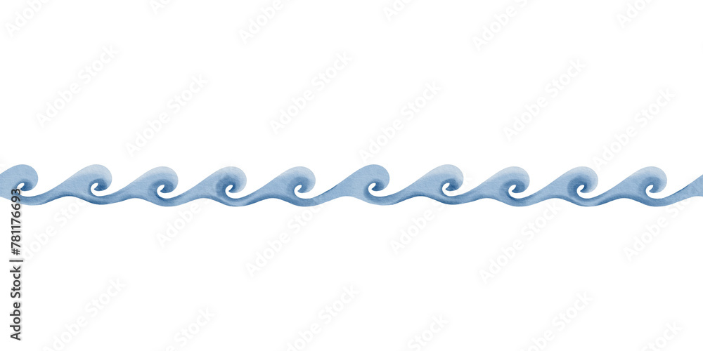 Stylized wave, seamless border. Blue and white monochrome color palette ...