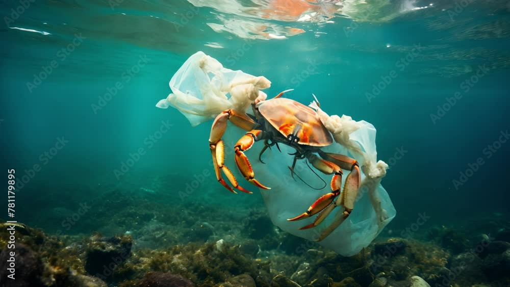 Plastic pollution is an environmental problem in the oceans. Crab stuck ...