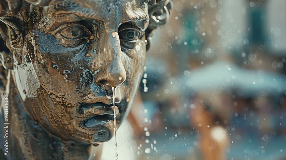 Sweat dripping from the brow of a statue in a city square, as if even ...