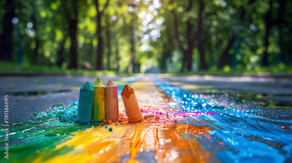 Sidewalk chalk art melting and colors running on the pavement, a blurry ...