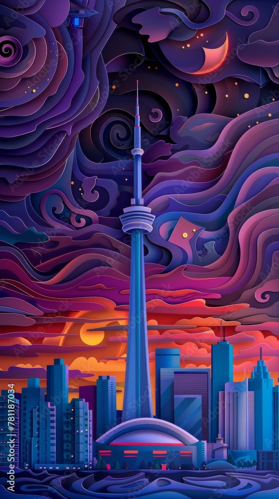 3d papercut of CN Tower and Skydrome and Toronto skyline at night time ...