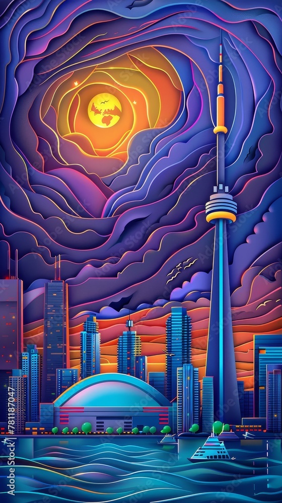 3d papercut of CN Tower and Skydrome and Toronto skyline at night time ...