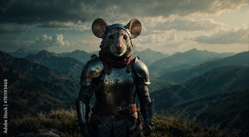 Cartoon samurai rat in armor in the mountains against the backdrop of ...