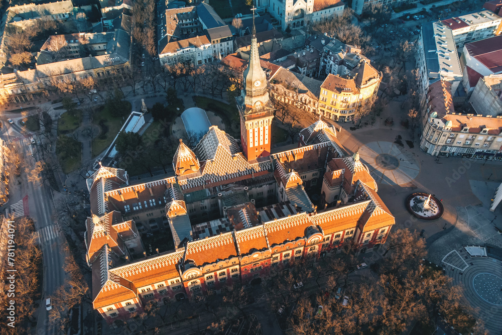 Aerial view of a famous Subotica town hall as a symbol of the city ...