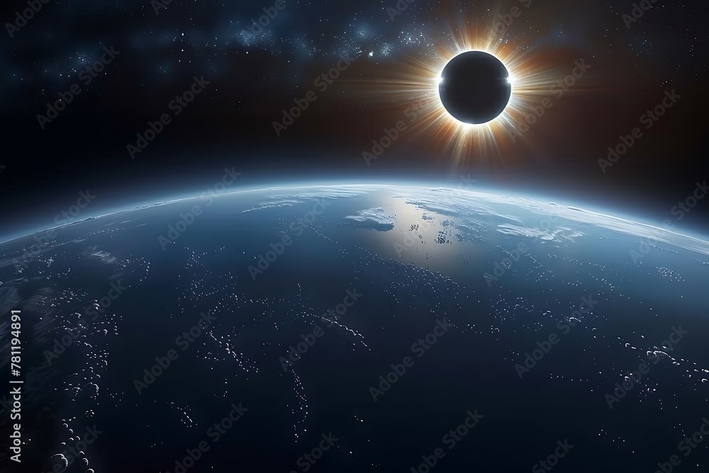 Earth and solar eclipse. Artwork of the Earth in space looking down ...